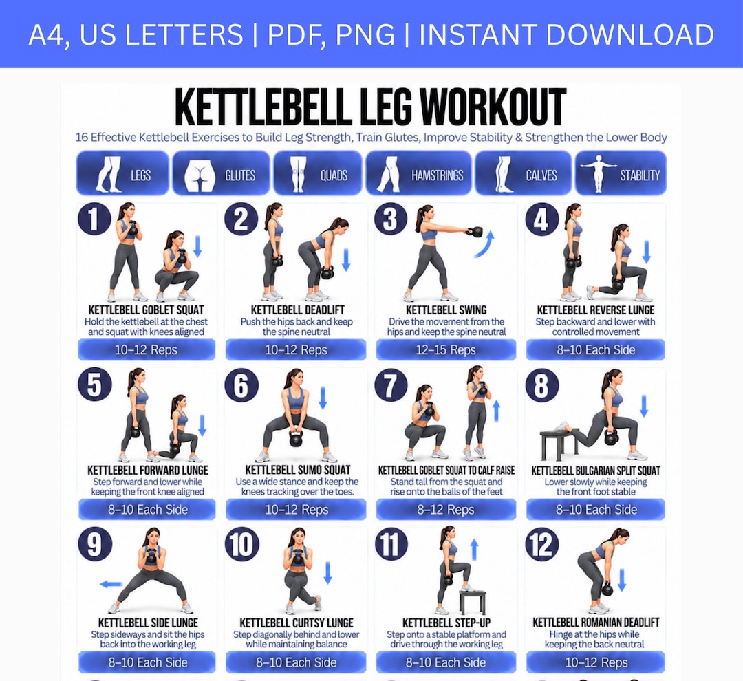 Kettlebell Leg Workout Printable | Lower Body Kettlebell Exercise Chart ...