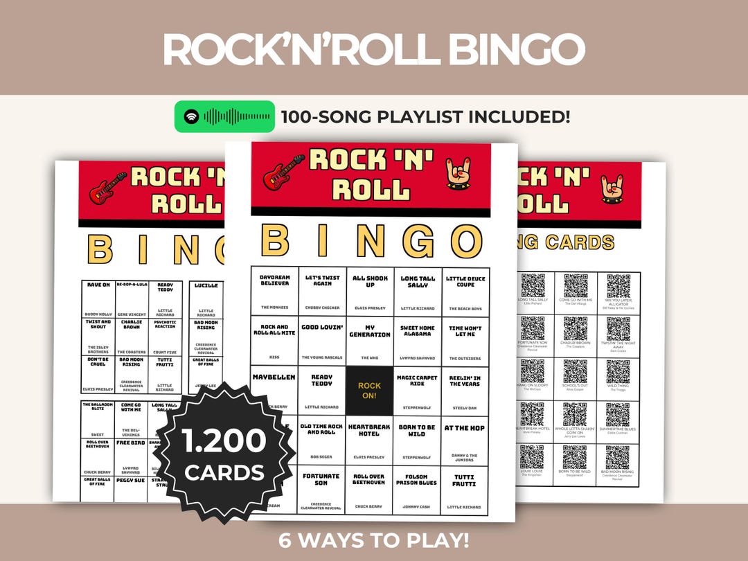 Rock N Roll Music Bingo Printable Game, Throwback Playlist, Nostalgic ...