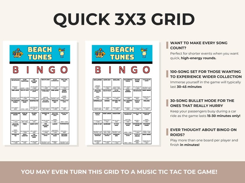 Beach Tunes Music Bingo Printable Game, Sunny Playlist Pub, Fun Bar ...