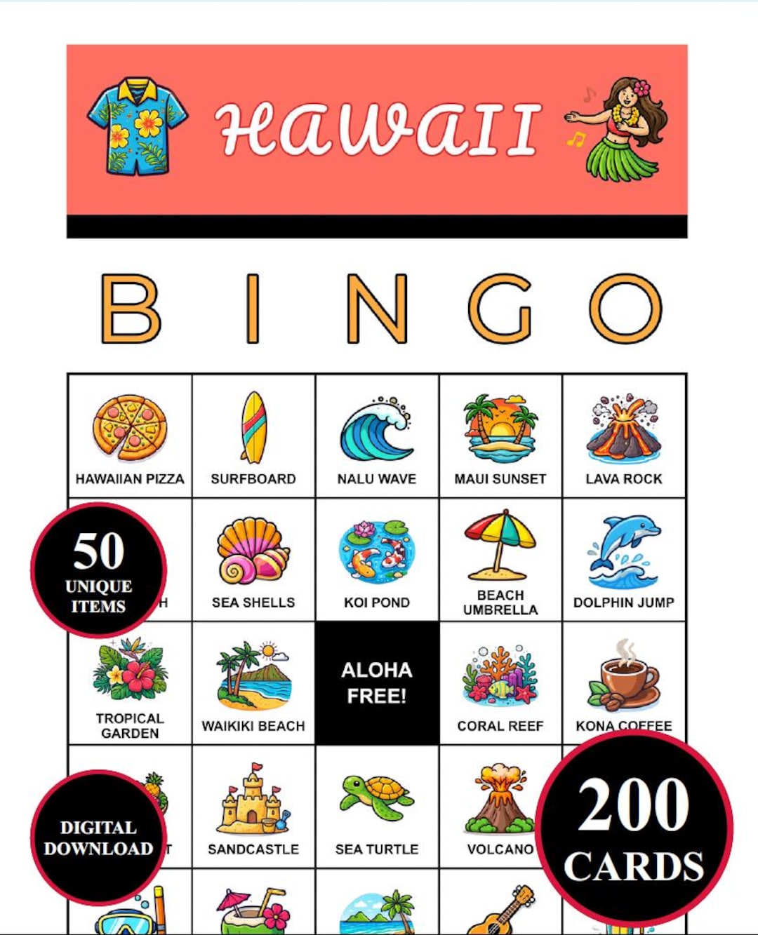 Hawaii Bingo Game – 200 Printable Cards With 50 Iconic Moments | Aloha ...