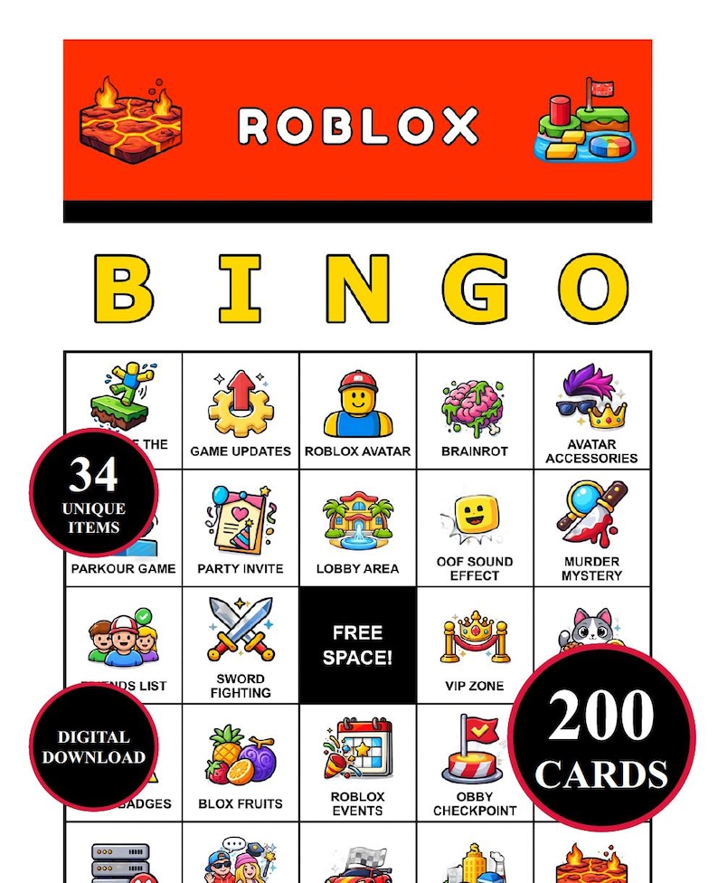 Roblox Bingo Game – 200 Printable Cards With 34 Iconic Moments | Gaming ...