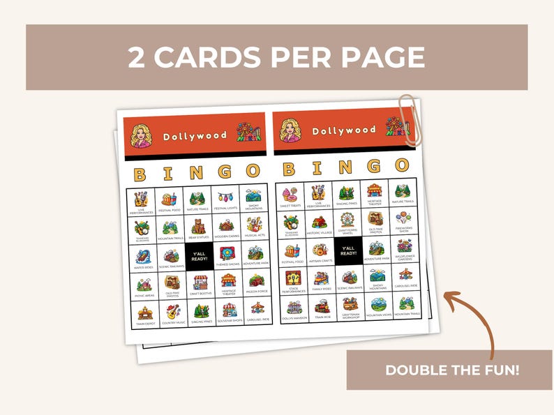Dollywood Bingo Game – 200 Printable Cards With 40 Theme Park Moments ...