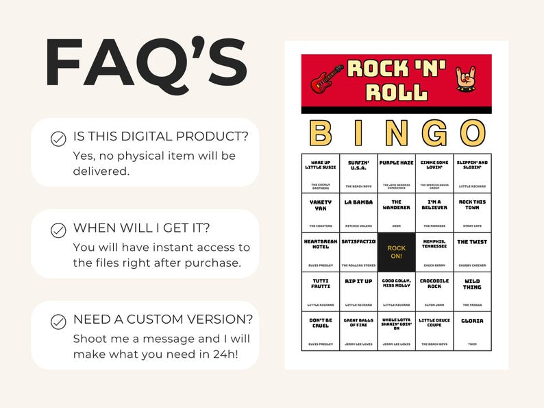 Rock N Roll Music Bingo Printable Game, Throwback Playlist, Nostalgic ...