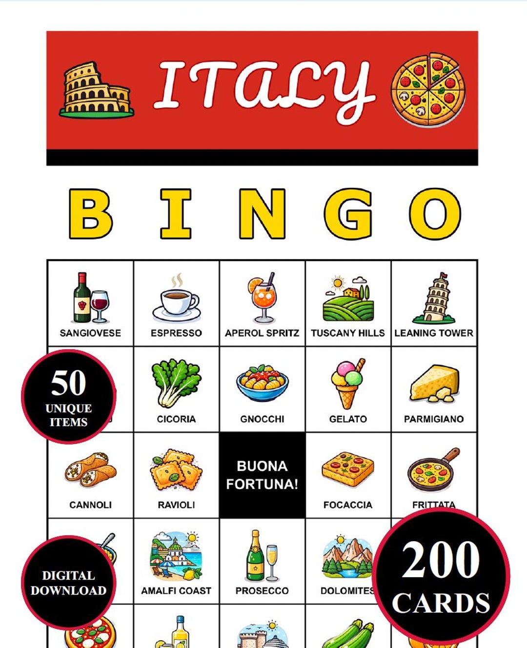 Italy Bingo Game – 200 Printable Cards With 50 Iconic Moments | Italian ...