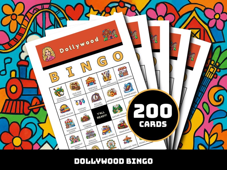 Dollywood Bingo Game – 200 Printable Cards With 40 Theme Park Moments ...