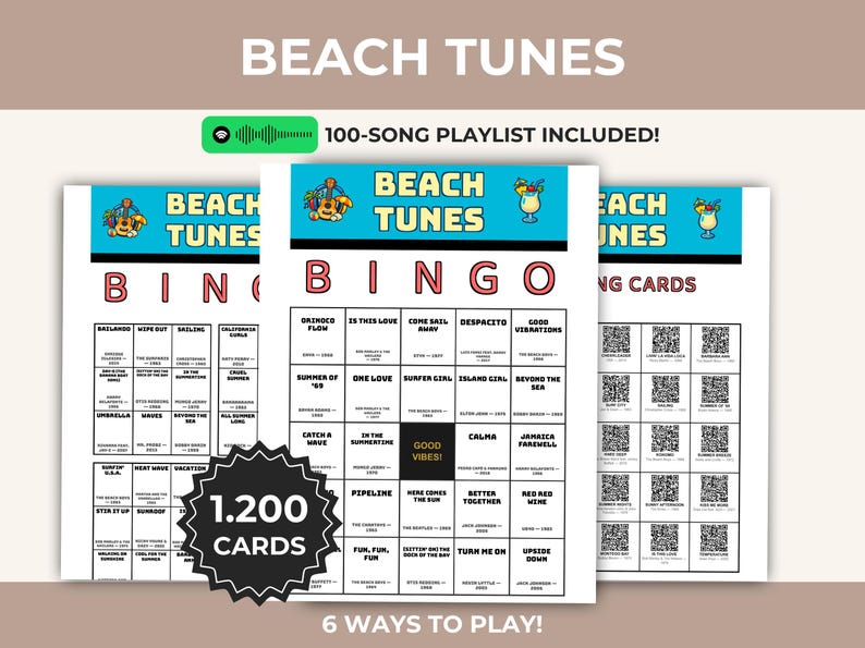 Beach Tunes Music Bingo Printable Game, Sunny Playlist Pub, Fun Bar ...