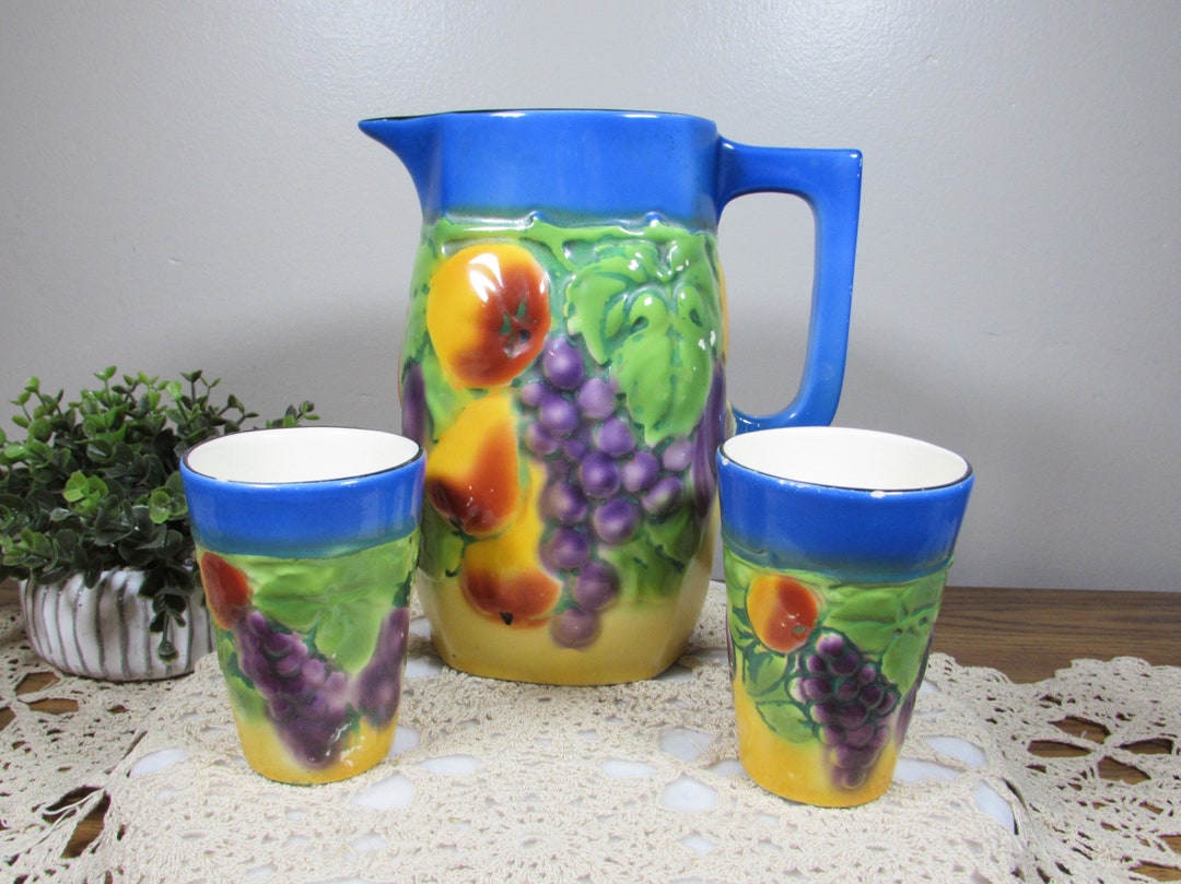 Vintage Czech Hand Painted Fruit Pitcher With 2 Cups Ceramic Bright ...