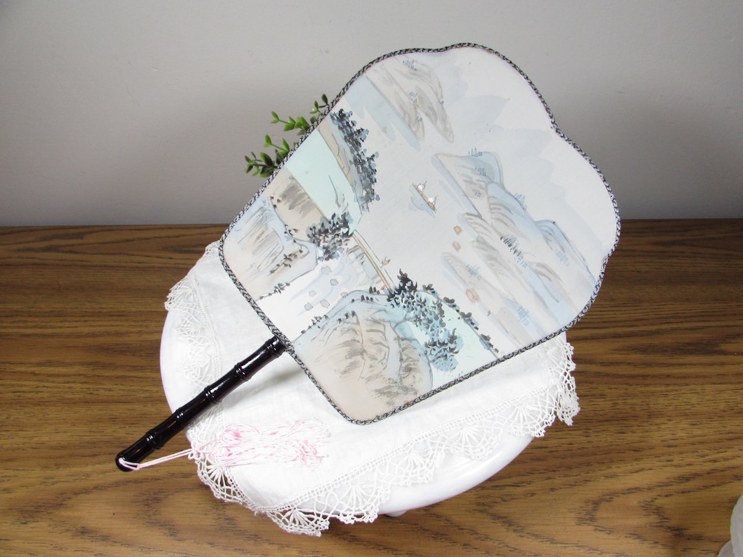 Vintage Scenic Silk Bamboo Hand Painted Paddle Hand Fan - Etsy
