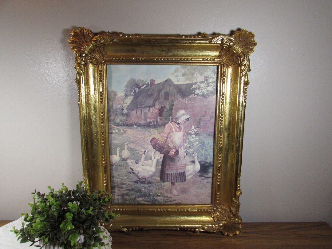 Vintage 1978 Girl With Geese Art Print Syroco Gold Frame 18x22 Farm ...