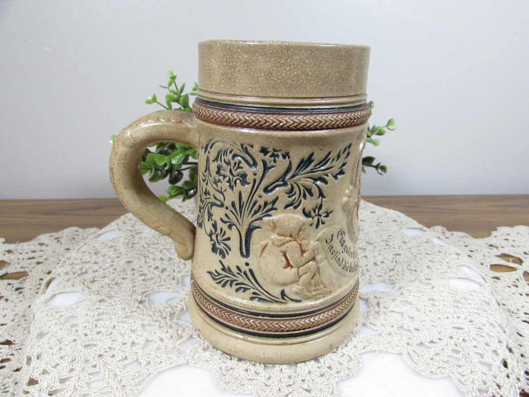 Vintage German Stoneware Beer Stein – 0.5L Gnome Relief Mug, Crazed ...