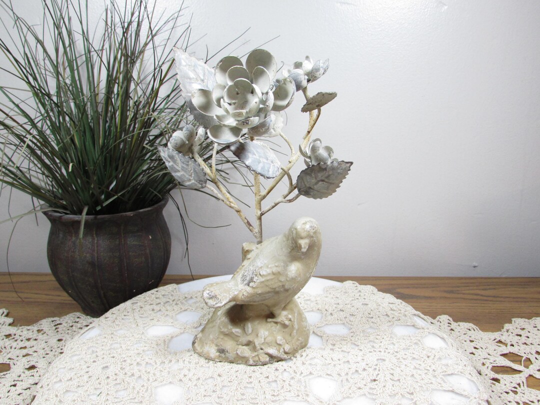 Vintage Plaster Bird Figurine With Tole Flowers Whitewashed Garden ...