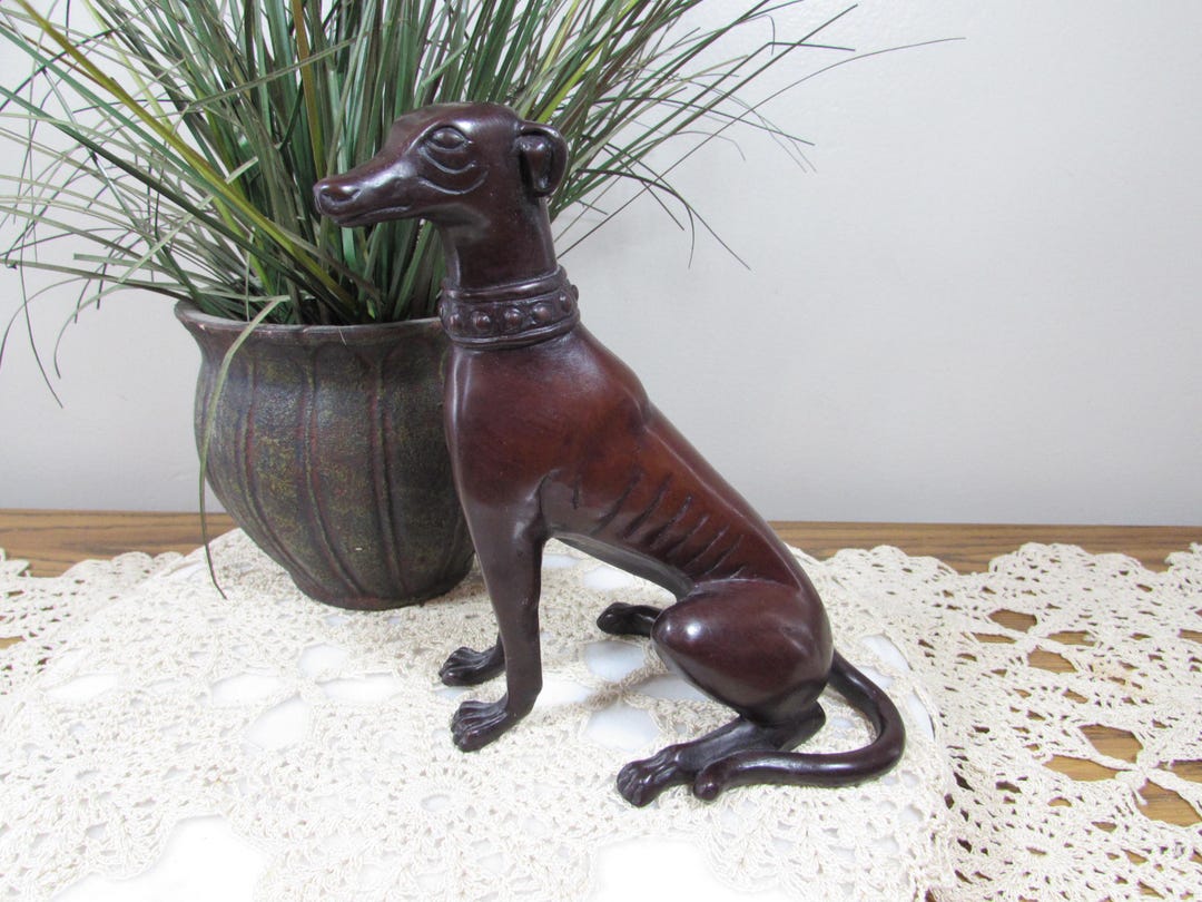 Seated Greyhound Figure, 7" Dark Brown Resin/ironwood‑look With Studded ...