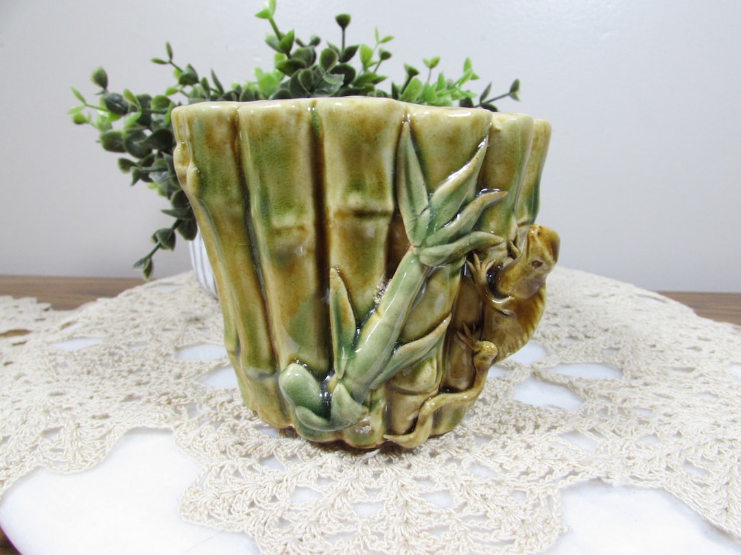 Vintage Lizard Bamboo Majolica Green Gold Flower Planter Pot - Etsy