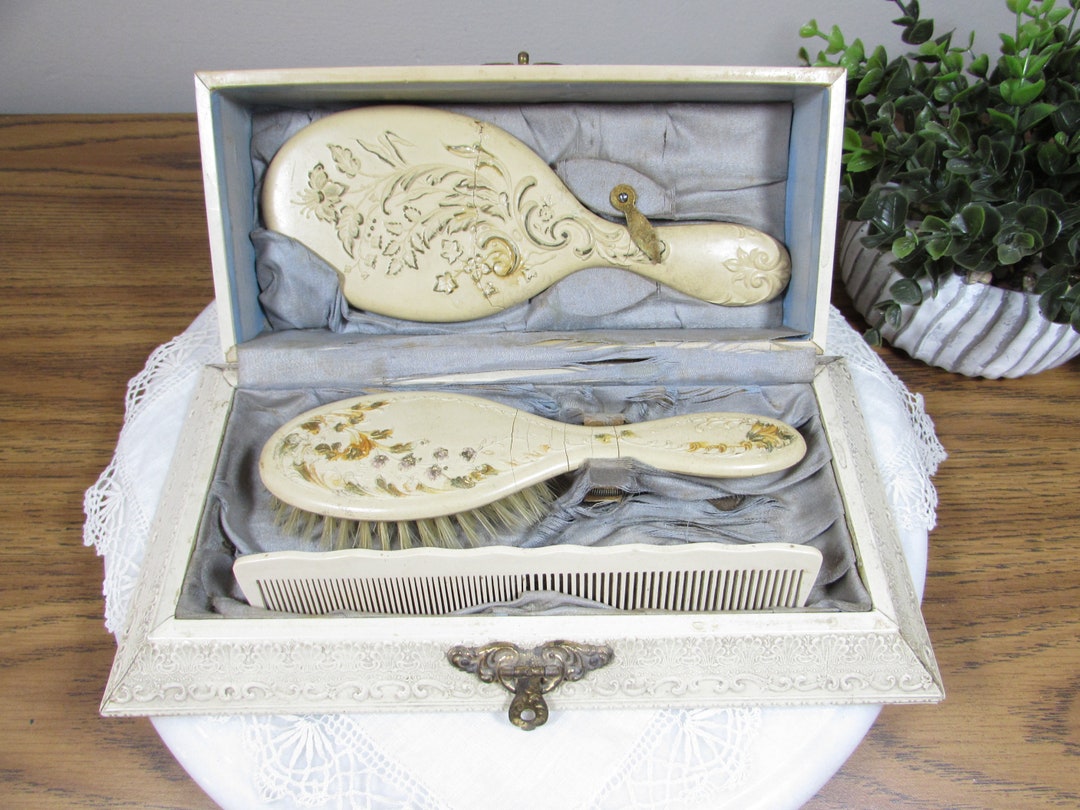 Vintage Victorian Celluloid Dresser Set Box Lady Portrait Brush Comb - Etsy