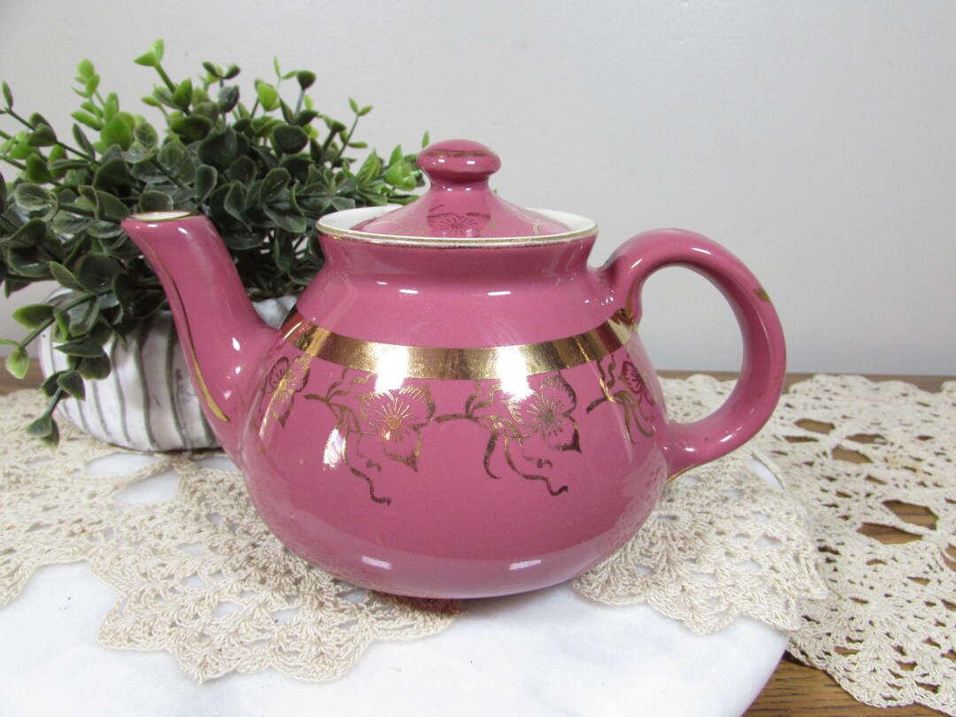 Vintage Magenta Teapot | Gold Floral 2-cup Hall USA | French Style ...