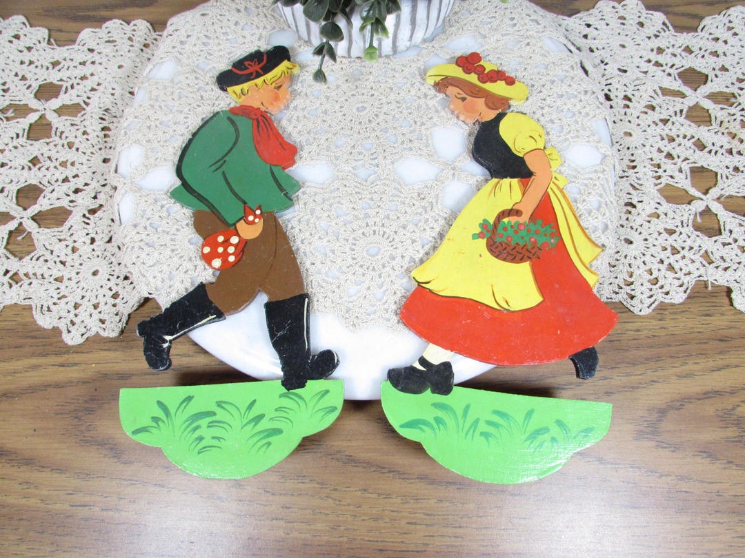 Vintage German Hand Painted Wood Cutout Wall Hangings | Boy & Girl Pair ...