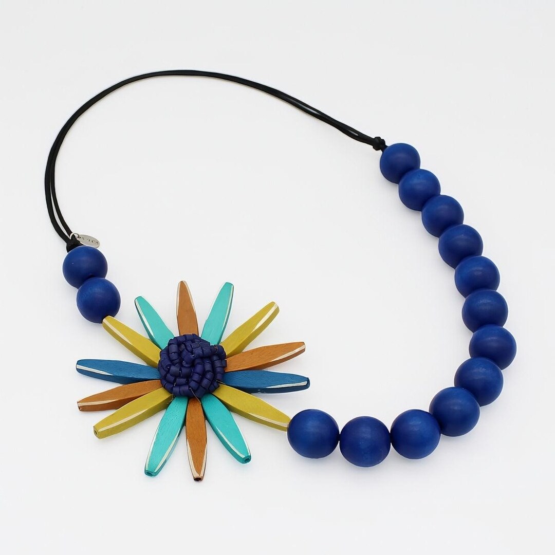 Blue Chunky Wood Flower Statement Necklace: Adjustable Artsy Design - Etsy