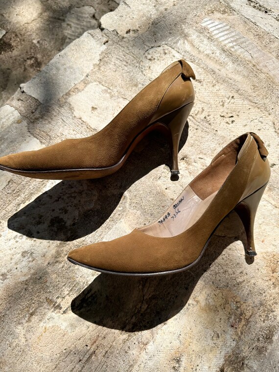 50s bronze brown Herbert Levine pointy toe bow heel s… - Gem
