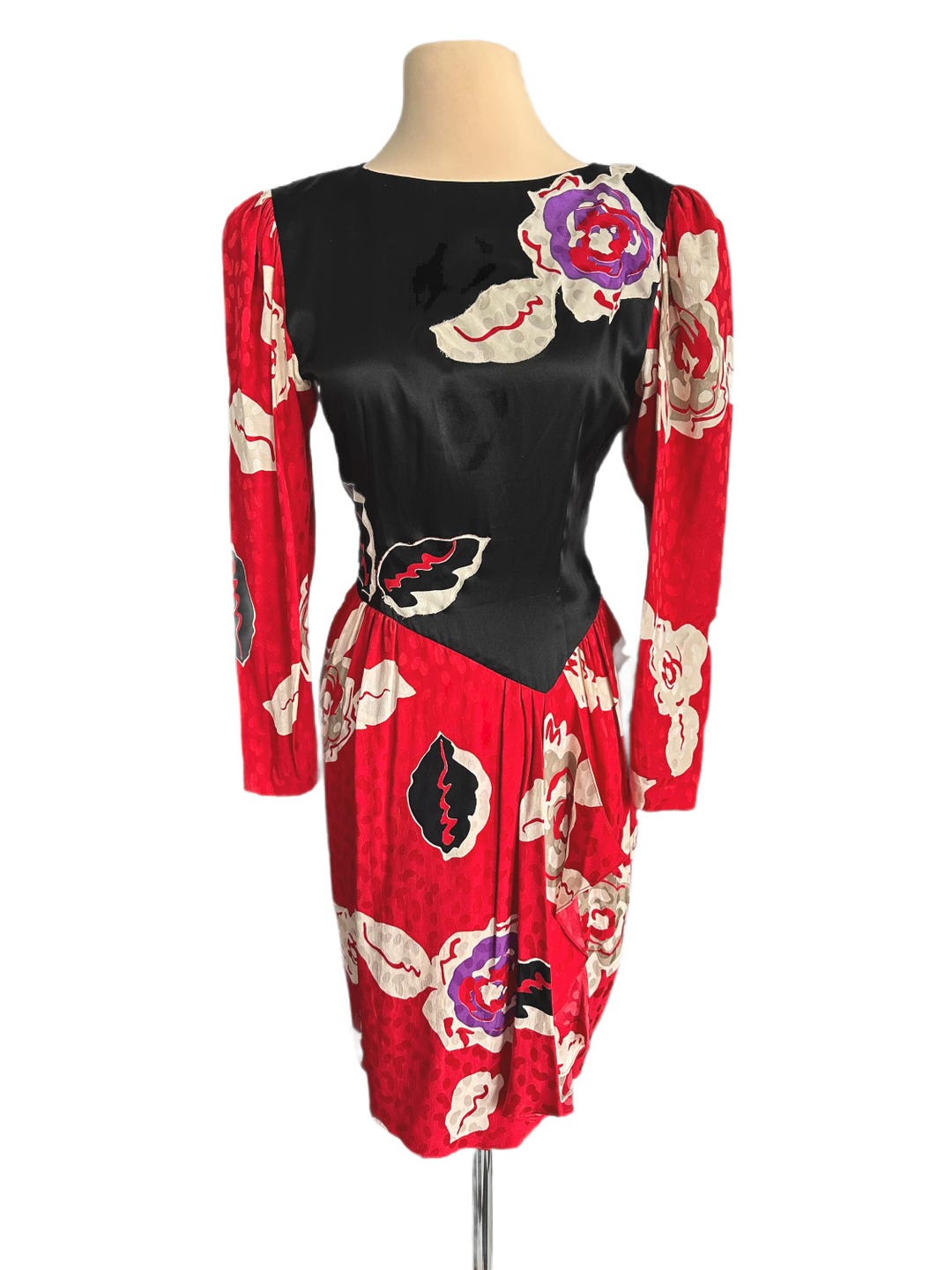80s Silk Floral Cocktail Dress, Basque Waist (28"w) - Etsy