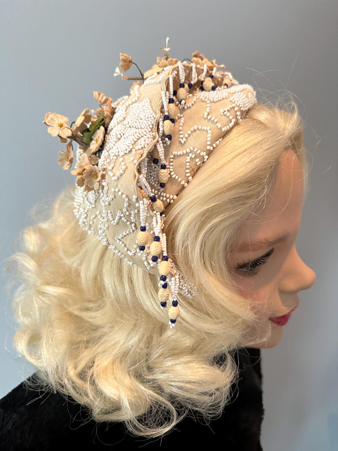 50s Cream Beaded Juliette Cap With Tassles and Flowers - Etsy
