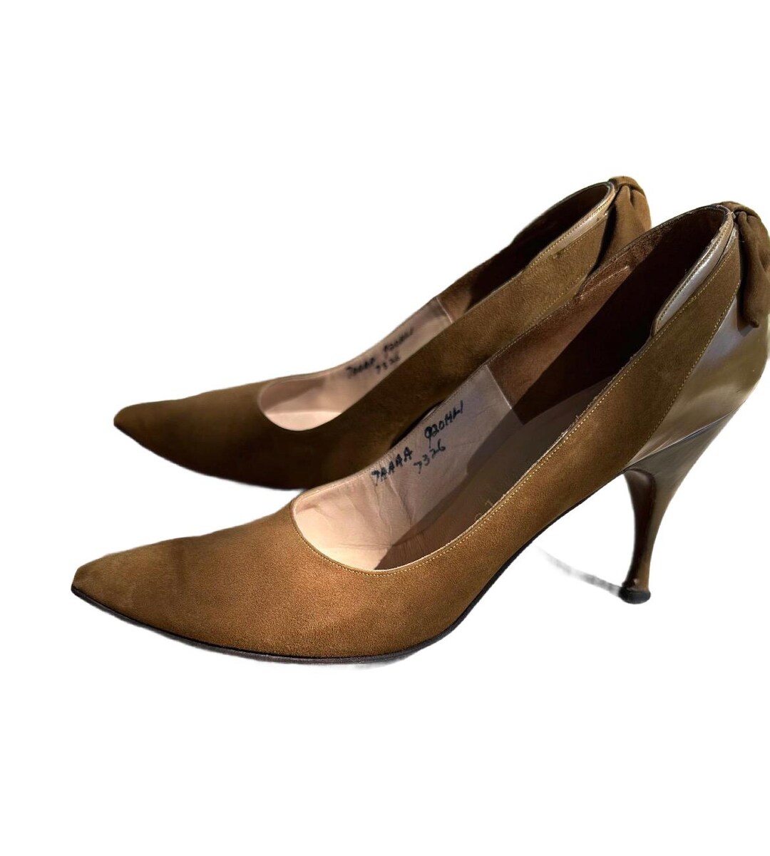 50s Bronze Brown Herbert Levine Pointy Toe Bow Heel Spike Heels, Pumps ...