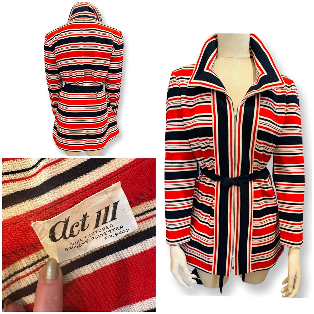 Mod 70s Groovy Striped Zip Front Polyester Tunic Jacket, Minidress-40 ...