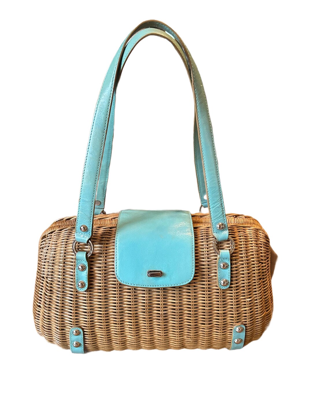 Vintage Monsac Wicker Basket Purse With Aqua Blue Leather Accents - Etsy