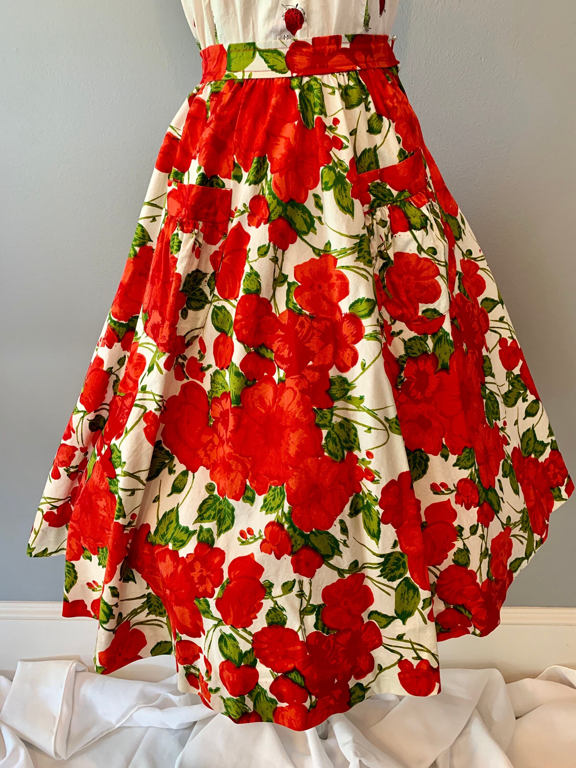 Vintage Red Poppies Flowers Floral Cotton Full Skirt With | Etsy