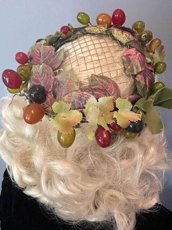 50s fun grapes and vines and leaves juliette cap, hat - Gem