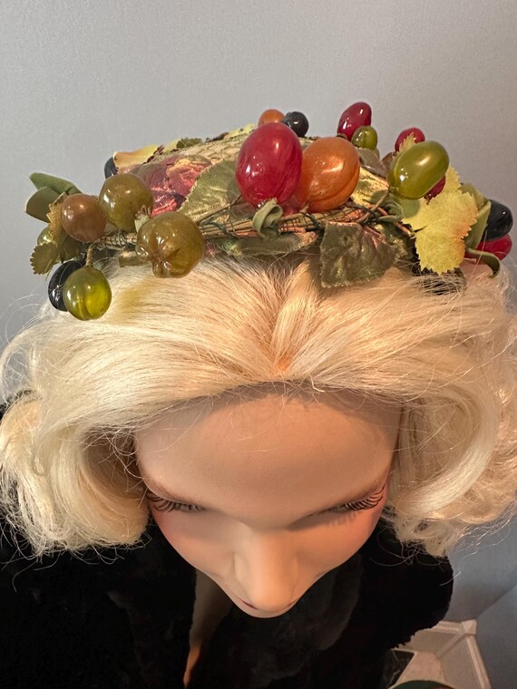 50s fun grapes and vines and leaves juliette cap, hat - Gem
