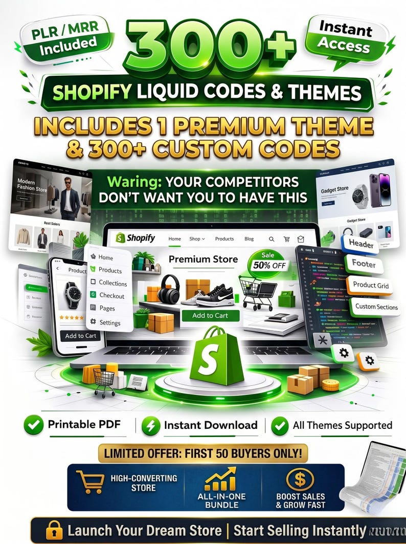 300+ Shopify Liquid Code Snippets Bundle, 2 Themes, Customization ...