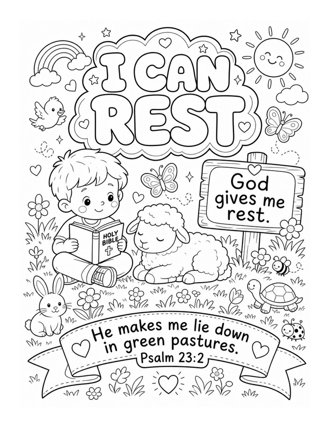 I Can Rest Coloring Page | Psalm 23:2 Bible Activity for Kids ...