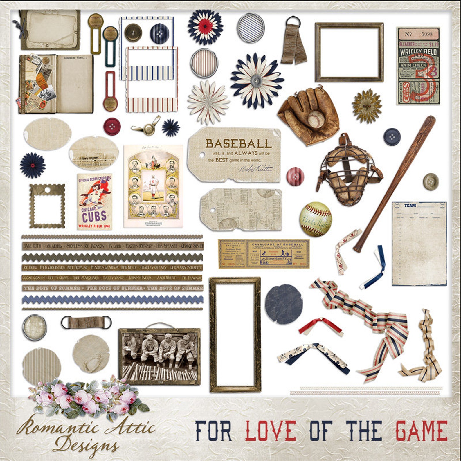 Vintage Baseball, Digital Scrapbook Kit, for Love of the Game, Digital ...