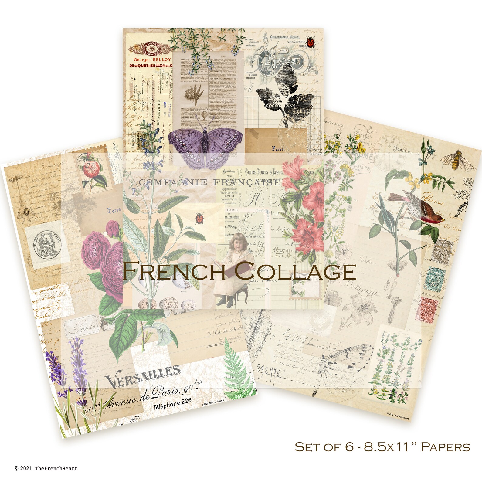 French Collage Digital Paper Pack Set of 6 Tea dyed Junk | Etsy