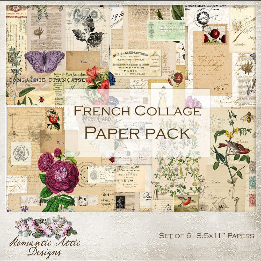 French Collage Digital Paper Pack, Set of 6, Tea Dyed, Junk Journal ...