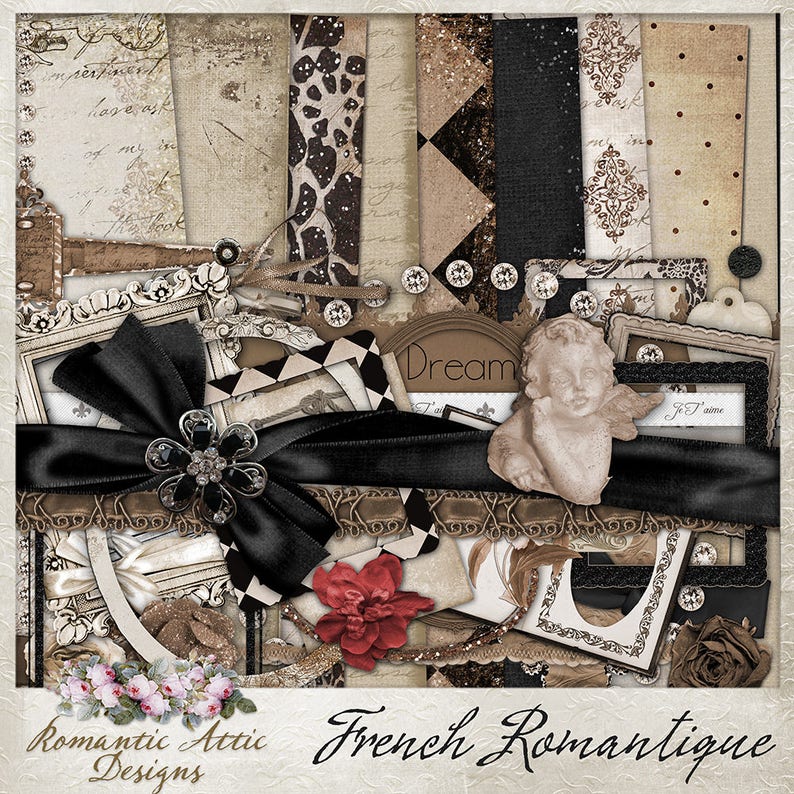 Romantic French Digital Scrapbooking Kit Paper Black - Etsy