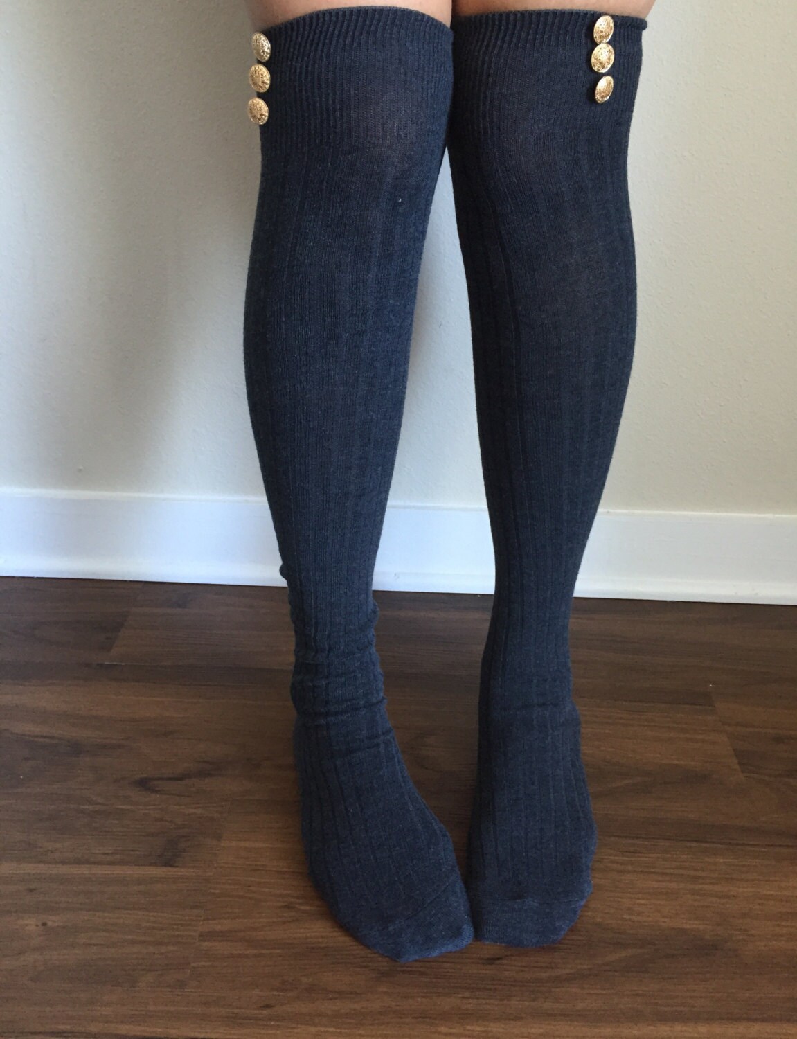 Grey Boot Socks : Vintage Gold Buttons Over the Knee Knit Socks - Etsy