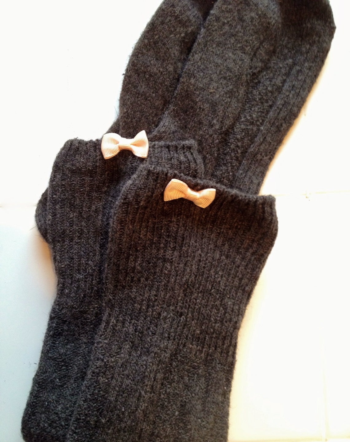 Boot Socks : Grey Wool Knee High Socks With Center Back Bows - Etsy