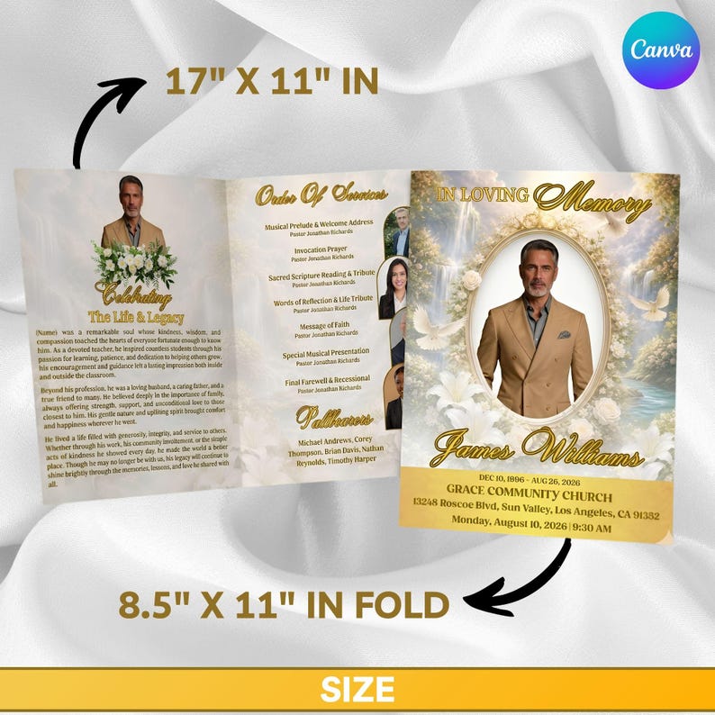 White Rose Funeral Program Template, Editable Memorial Program ...