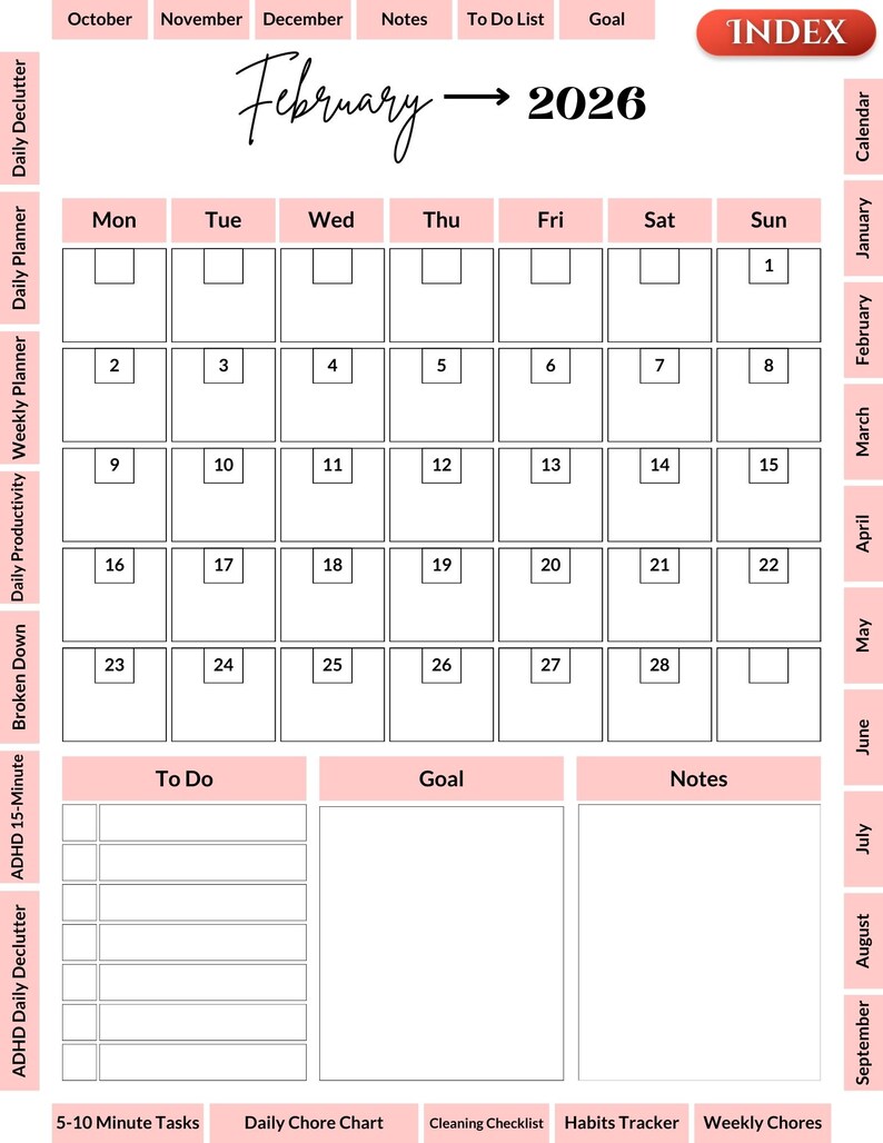 Digital 2026 ADHD Cleaning Template - Etsy UK