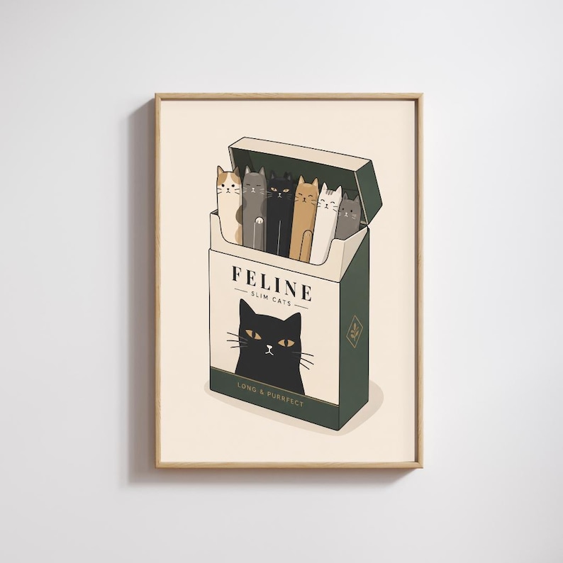 Cat Wall Art Print, Cat Cigarette Box Poster, Quirky Pet Decor - Etsy ...