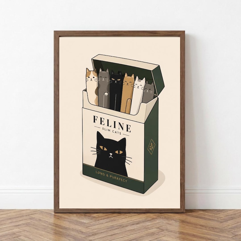 Cat Wall Art Print, Cat Cigarette Box Poster, Quirky Pet Decor - Etsy ...