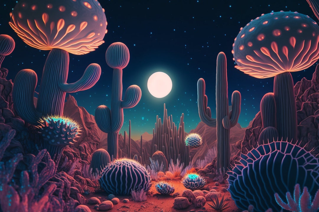 Cactus Psychedelic Art Tapestry: UV Blacklight Reactive Neon Wall ...
