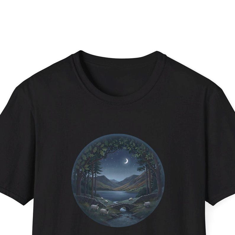 Crescent Moon Forest T-shirt, Mountain Stream Night Tee, Unisex Nature ...
