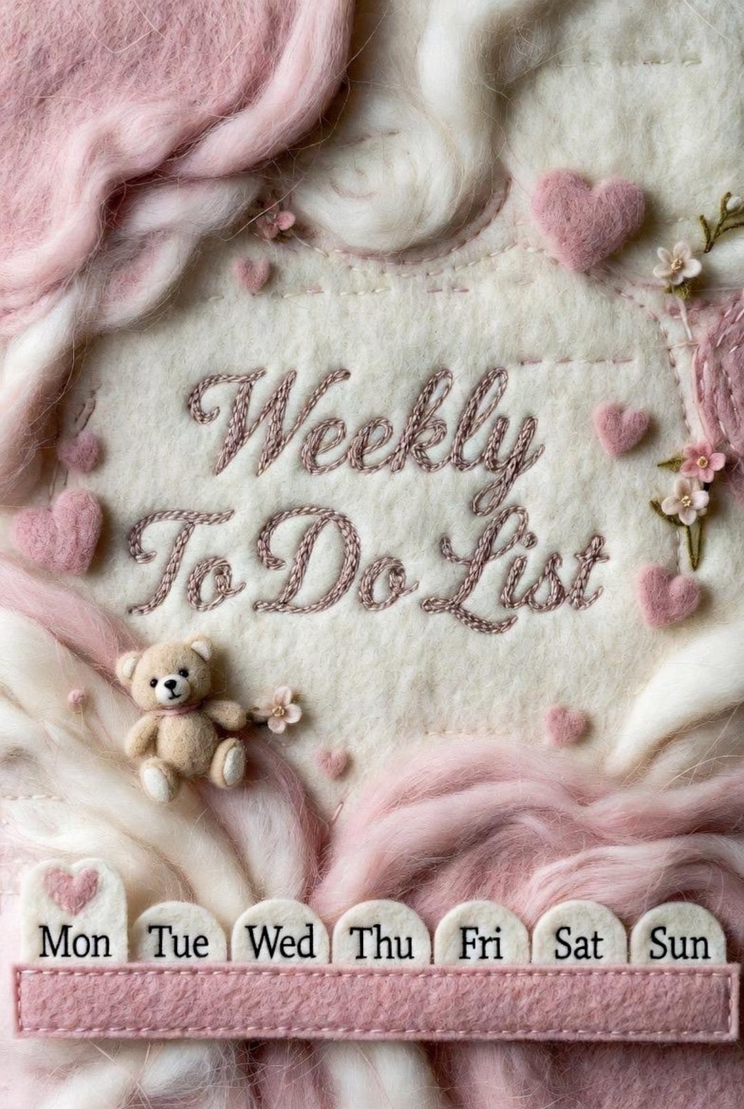 Felt Weekly to Do List Digital Planner | Pink Wool Texture, Teddy Bear ...