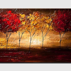 Texture Trees Painting Original Forest Painting Red Gold Abstract ...