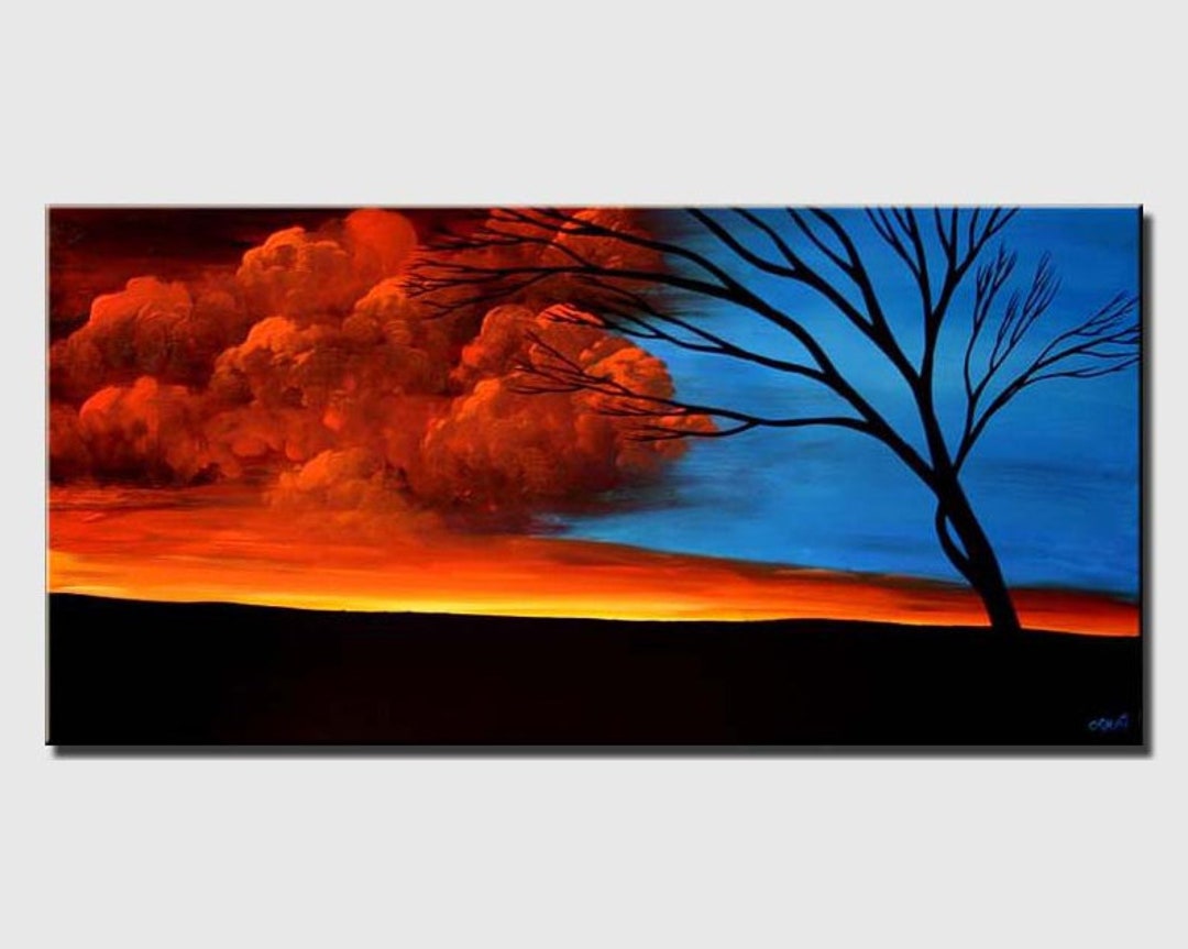 Original Red Blue Landscape Tree Painting on Canvas, Modern Stormy Sky ...