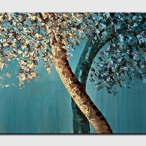 Original Dark Teal Abstract Trees Art on Canvas, Textured Modern Wall ...