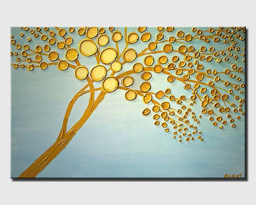 Original Tree Painting Texture Modern Tree Art Gold Light Blue Abstract ...