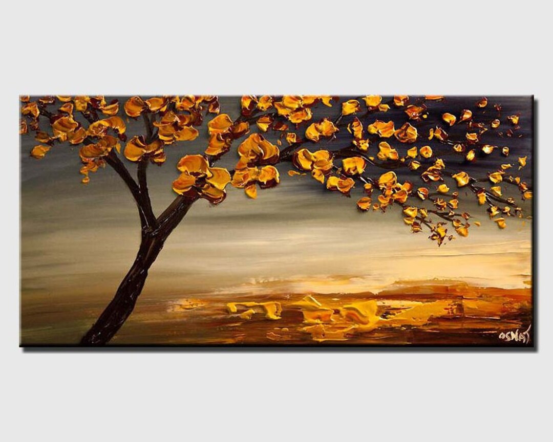Original Tree Art, Landscape Painting With a Blooming Tree, Textured ...